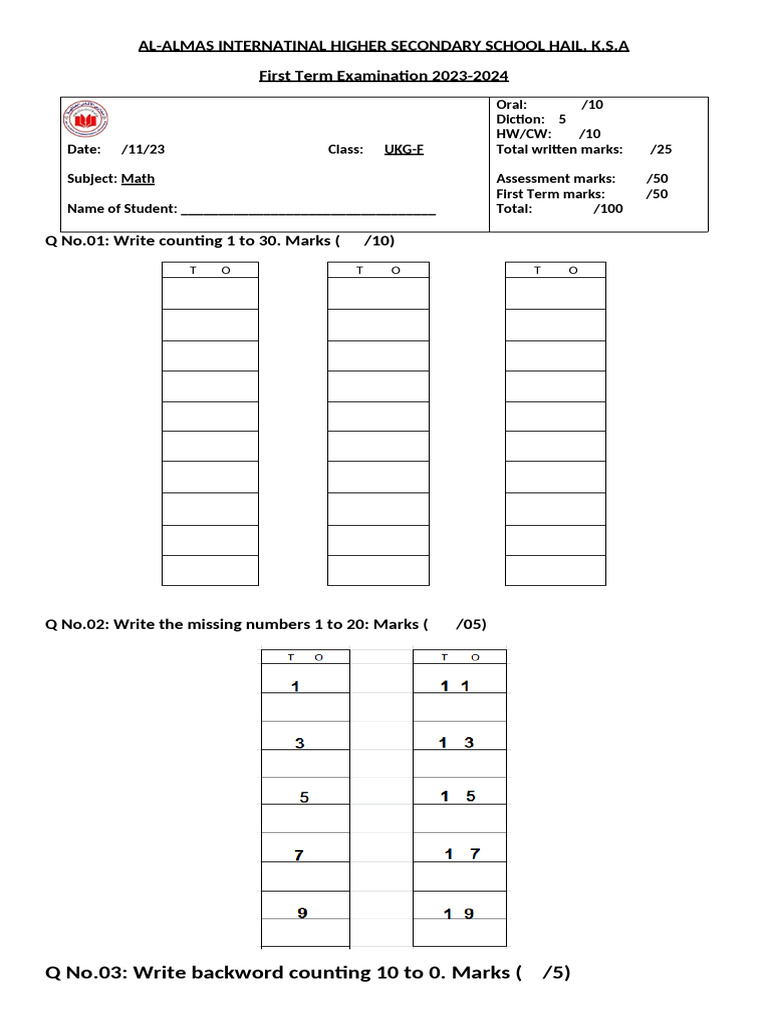 UKG-F Math Exam Paper 2023-2024 | PDF