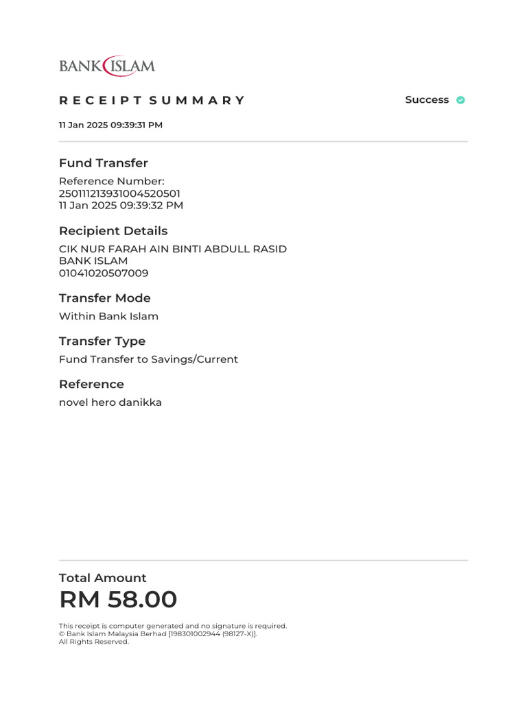 Fund Transfer Receipt Jan 2025 | PDF