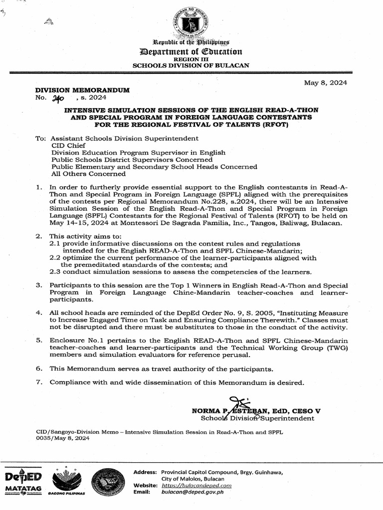 Division Memorandum No 240 S 2024 | PDF