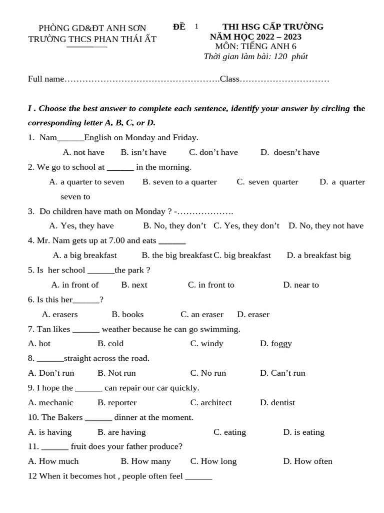 ĐỀ THI CHỌN HSG ANH 6 (2022-2023) | PDF