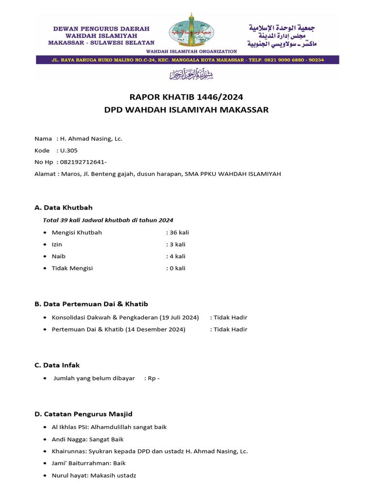 U.305 H. Ahmad Nasing, Lc. - Rapor Khatib 2024 | PDF
