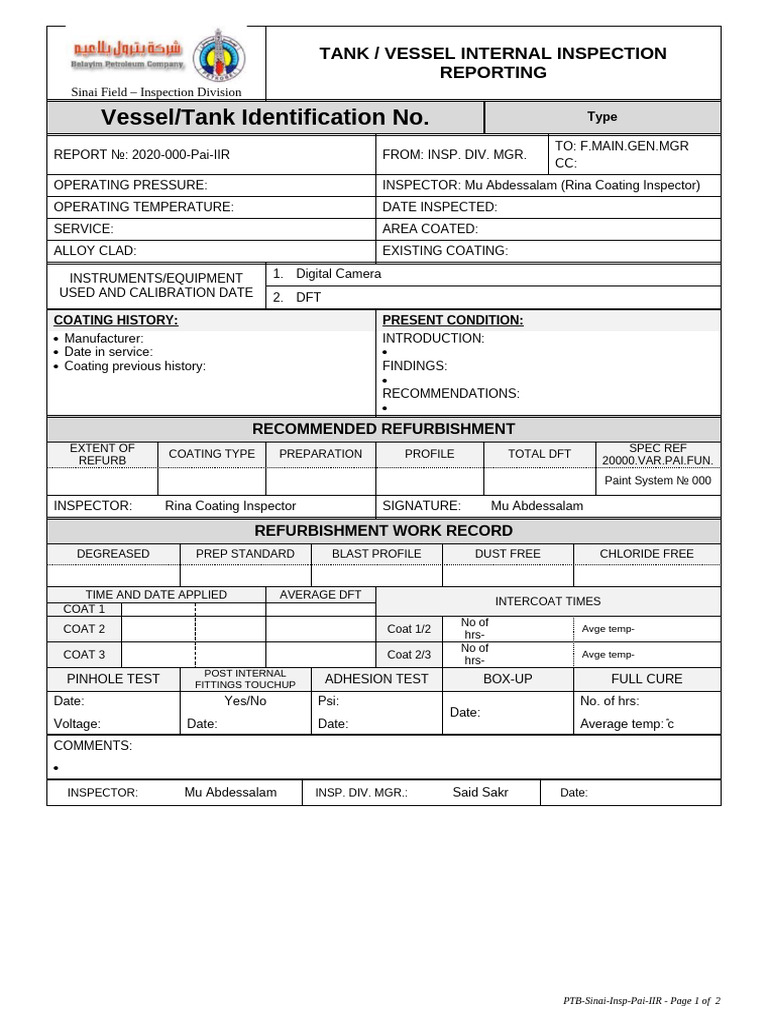 2020-000-Pai-IIR - Internal Inspection Report | PDF | Materials