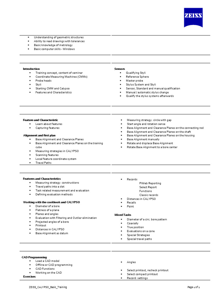 Zeiss Calypso Basic Training Description | PDF