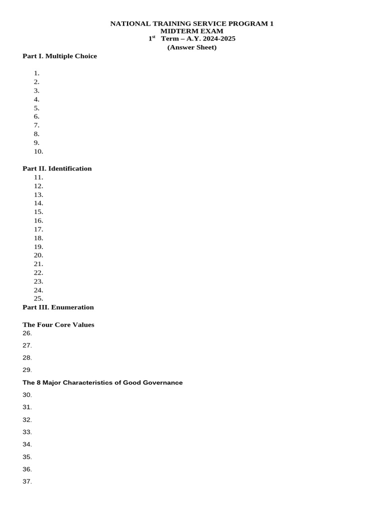 Nstp1 Midterm Exam (Answer Sheet) | PDF