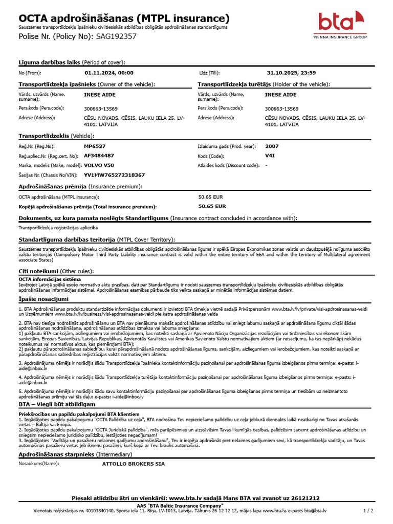 OCTA Apdrošināšanas (MTPL Insurance) : Polise Nr. (Policy No) | PDF