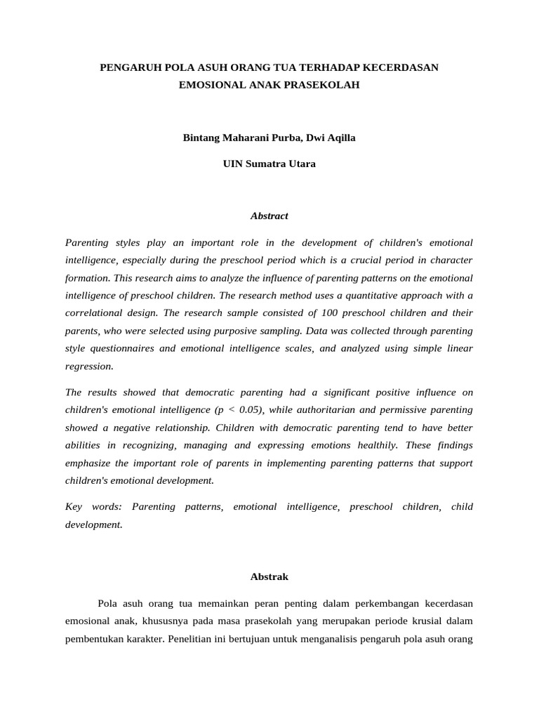 Pengaruh Pola Asuh Orang Tua Terhadap Kecerdasan Emosianal Anak Prasekolah | PDF