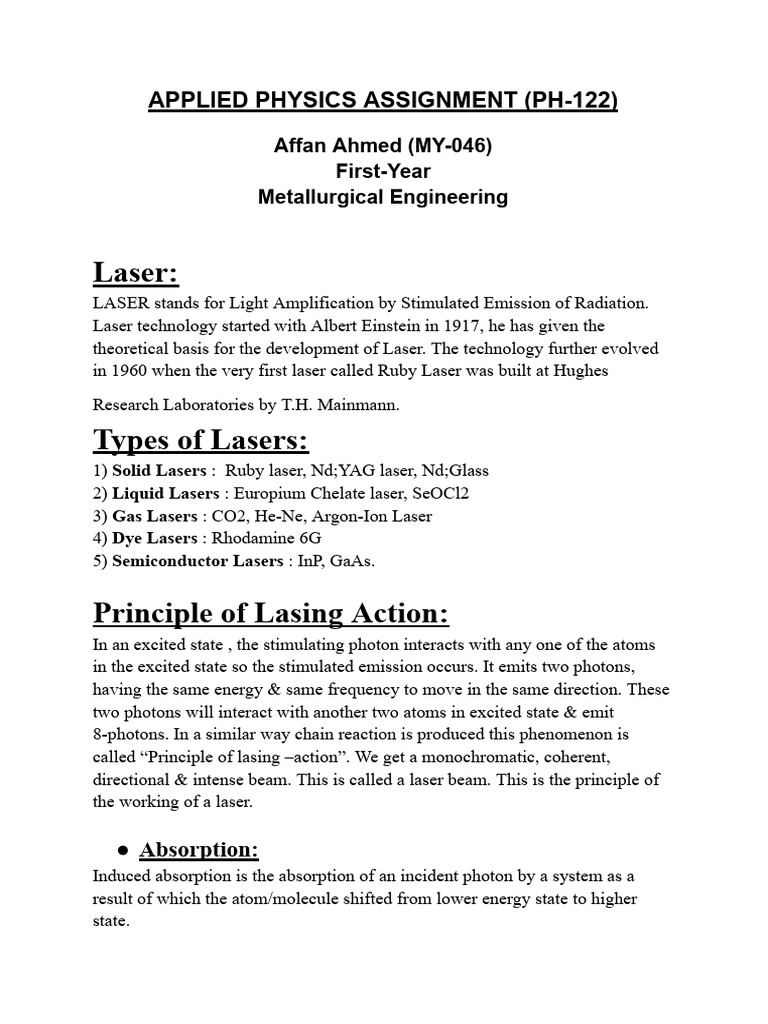 Affan Ahmed AP Assignment (MY-046) | PDF | Laser | Diffraction