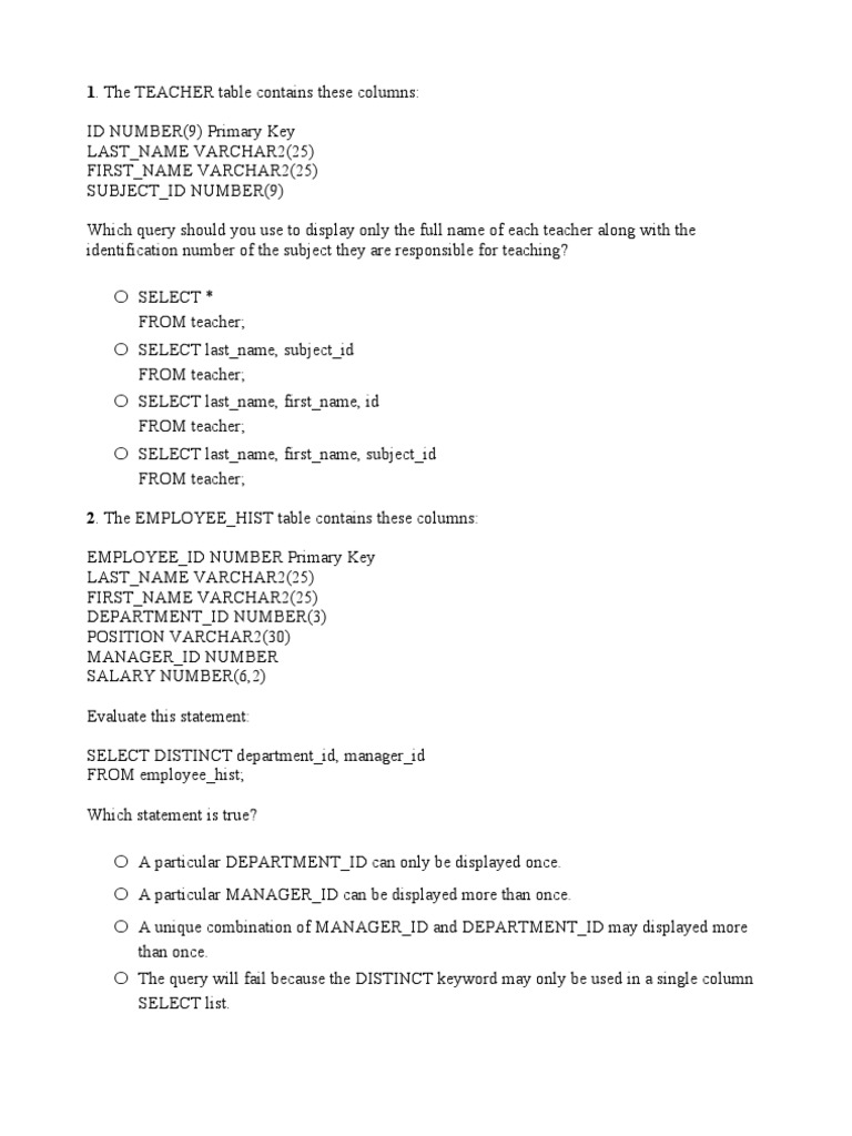 O o o O: 1. The TEACHER Table Contains These Columns | PDF | Sql ...