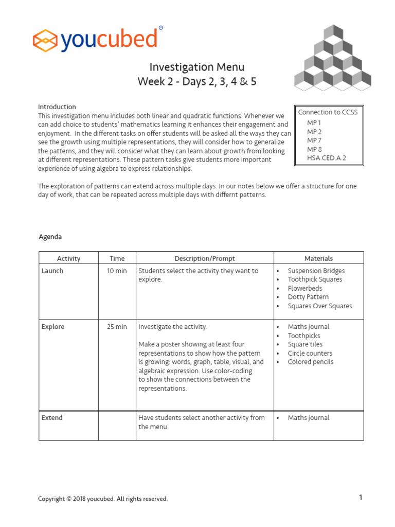 Algebra Investigation Menu Final | PDF | Mathematics | Cognition