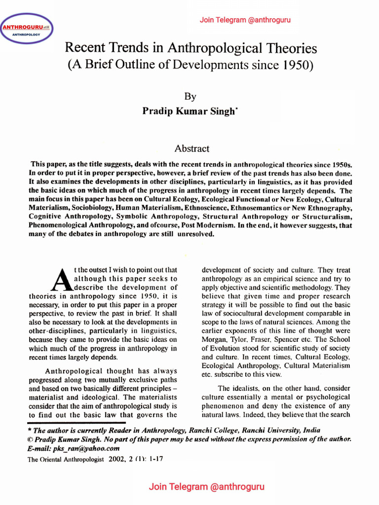 Recent Trends in Anthropological Theories - 250118 - 110514 | PDF | Anthropology | Cognition