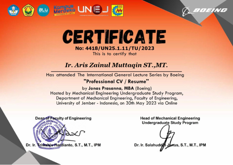 Certificate - Ir. Aris Zainul Muttaqin ST.,MT. | PDF