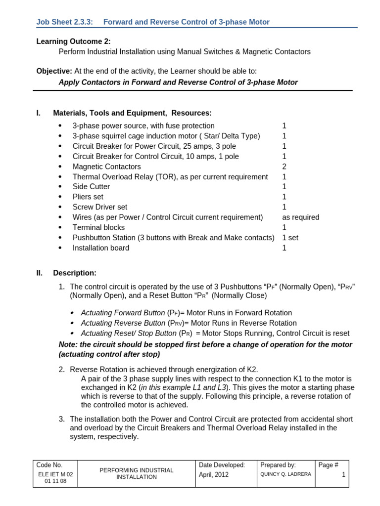 LO2 - 2.3.3 Job Install Forward Reverse | PDF | Relay | Switch