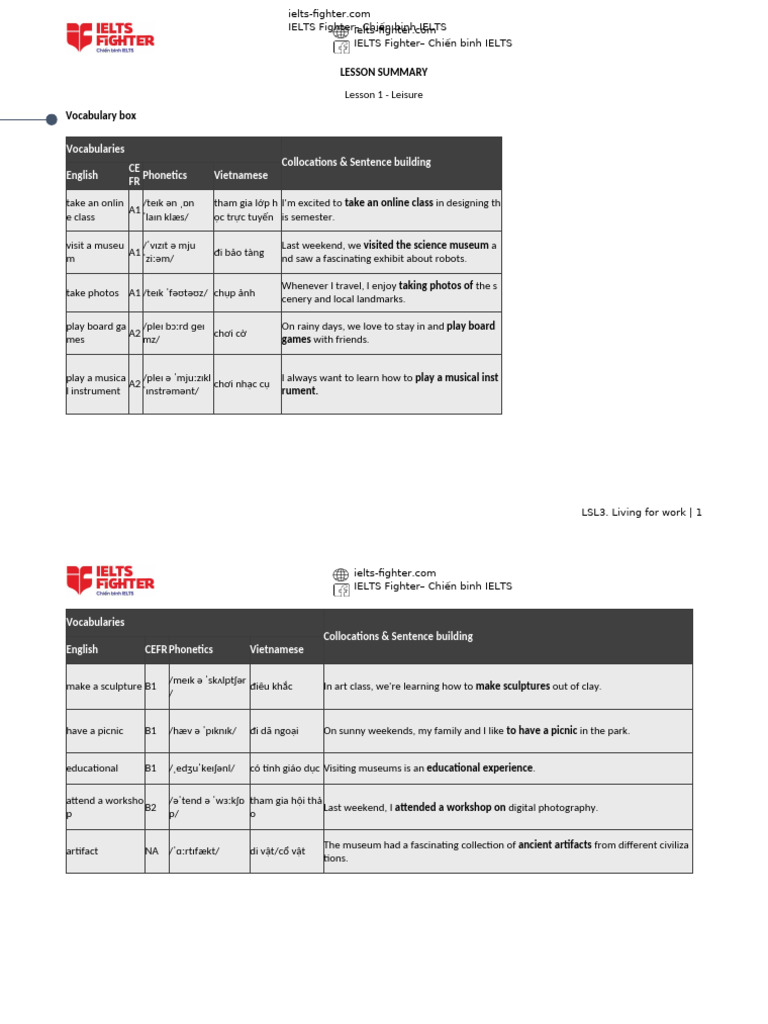 (L1) Lesson Summary - Lesson 1. Leisure | PDF
