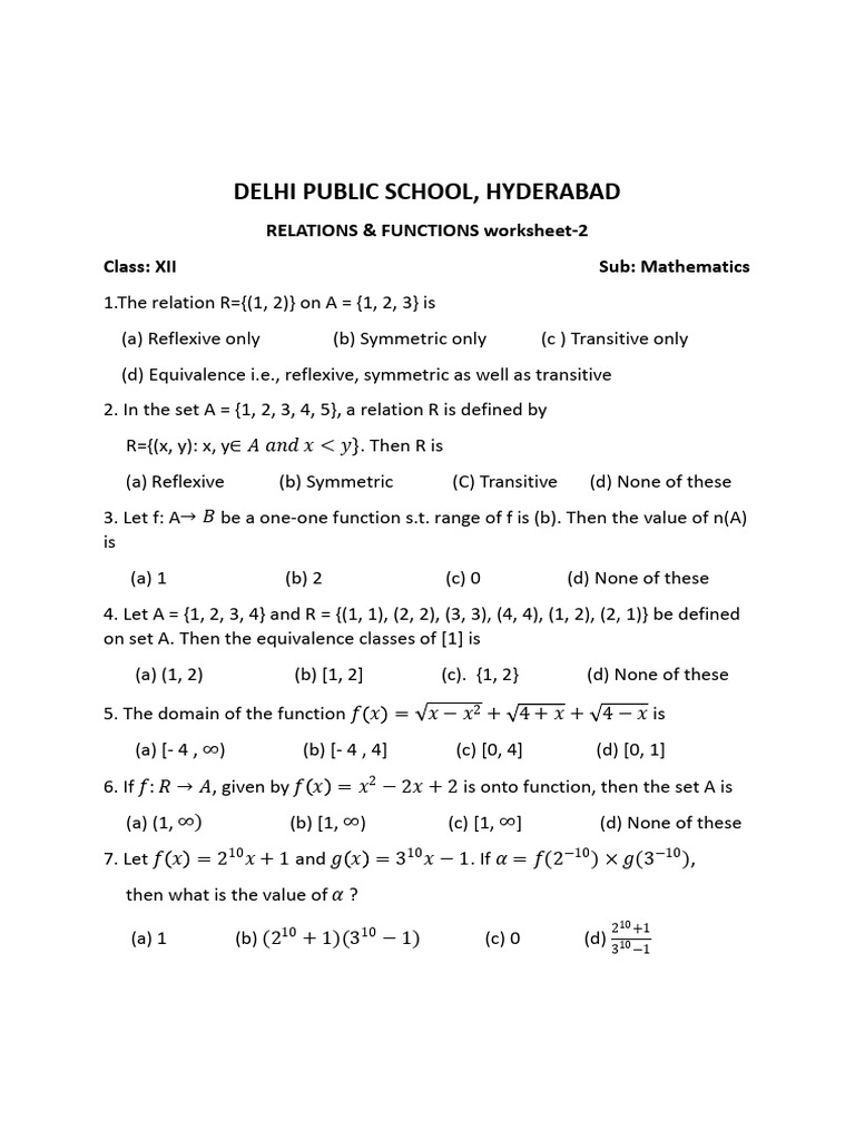 Relations and Functions CLASS12 WS-2 | PDF | Functions And Mappings ...