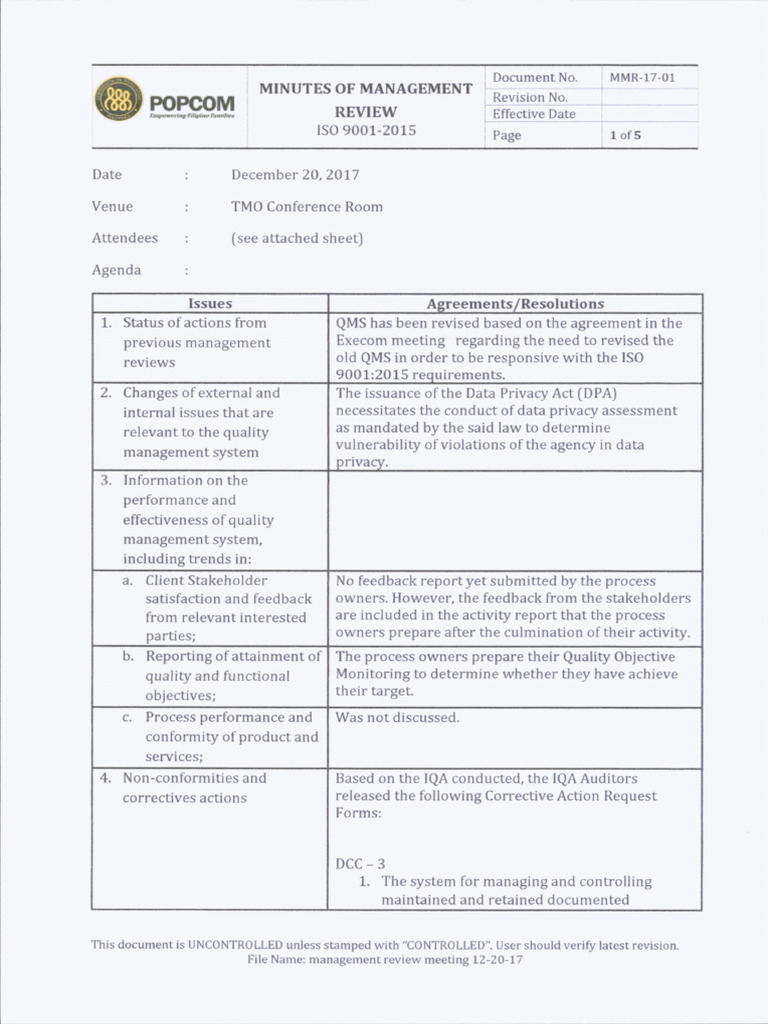 Sample Minutes - of - Management - Review - ISO - 9001-2015 | PDF