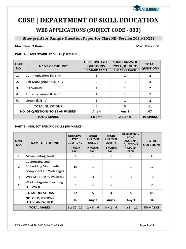 CBSE Class 12 Web Applications Sample Question Paper 2025 | PDF | Java ...