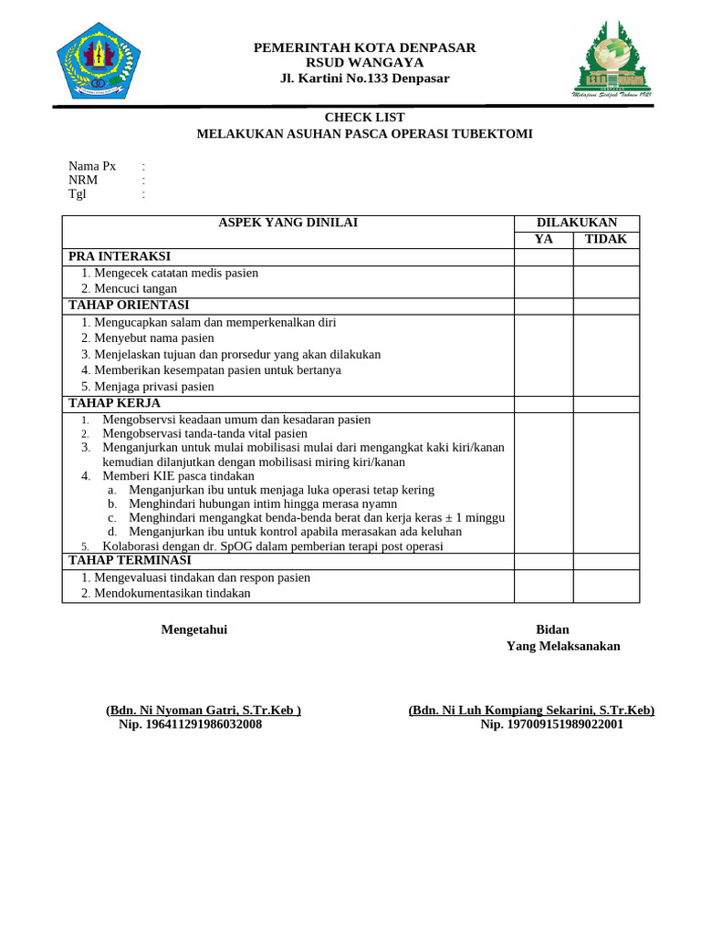 Check List Post Operasi Obsteri Ginekologi Dengan Secara Kolaborasi | PDF