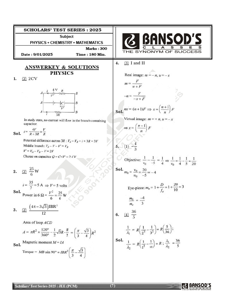 9-01-2025 (Test Series) - XII - JEE (PCM) (UT-17) KEY | PDF | Physical ...