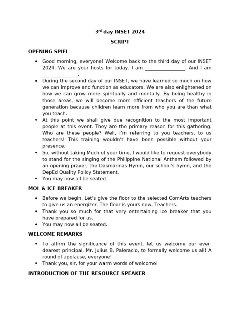 3rd Day INSET SCRIPT | PDF