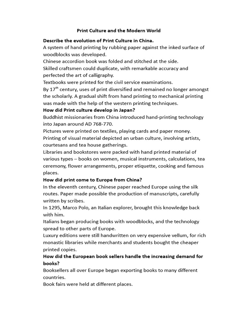 Print Culture and The Modern World - (Notes) | PDF | Books | Printing Press