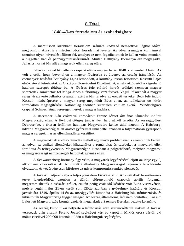 8 Tétel 1848-49-Es Forradalom És Szabadságharc | PDF