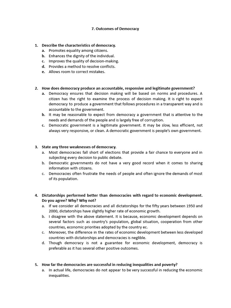 Outcomes of Democracy. Notes | PDF | Democracy | Political Ideologies