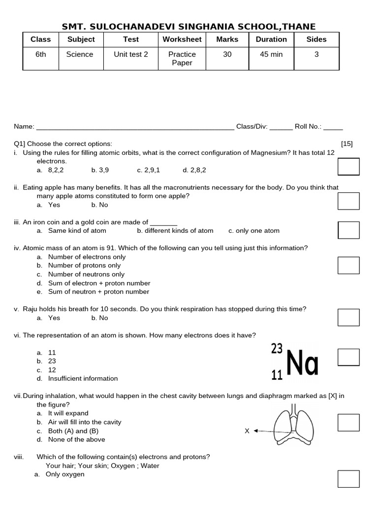 Practice paper 6th Science UT2 (2) | PDF | Atoms | Atomic Nucleus