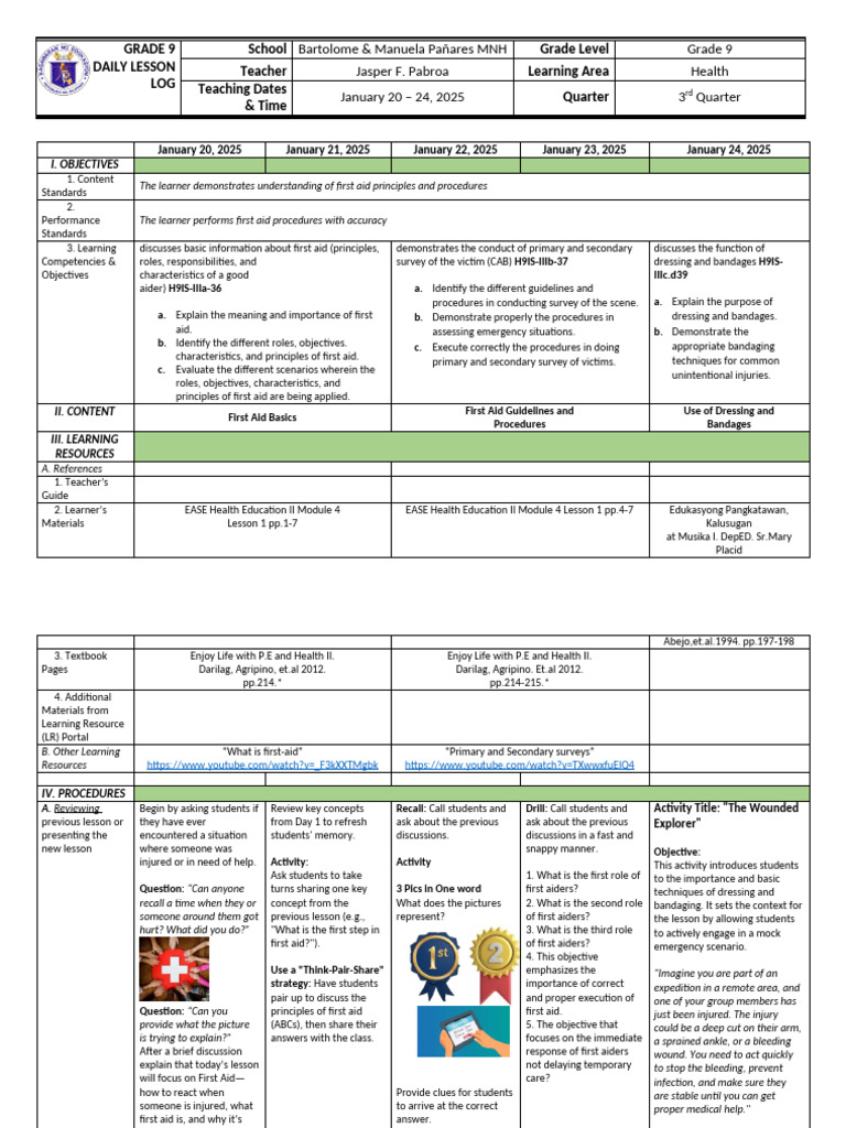GRADE 9 - 3rd Quarter, 1st Week Health Daily Lesson Log | PDF | First Aid | Wound