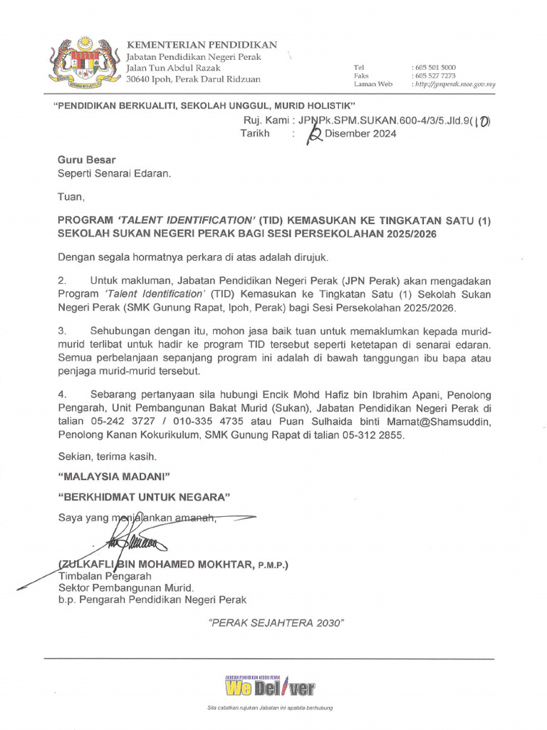 Surat Program Tid Kemasukan Ke Ting 1 SSN Perak Sesi 2025 2026 (5 Sukan ...