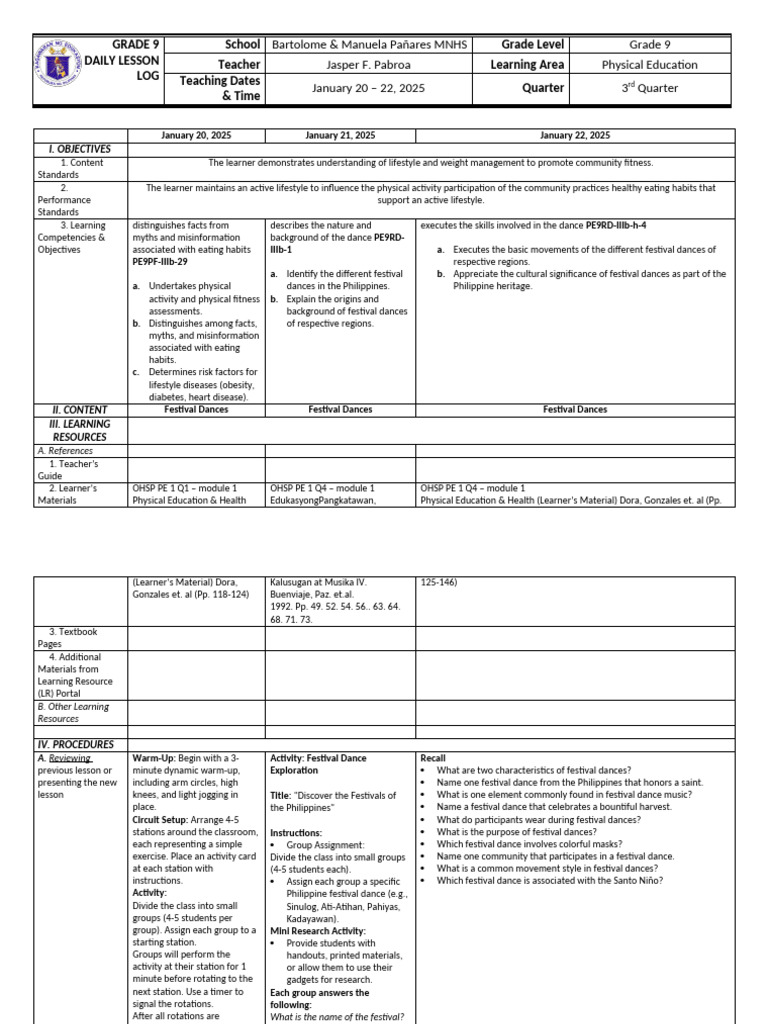 1st Week Physical Education; Daily Lesson Log Template GRADE 9 | PDF ...