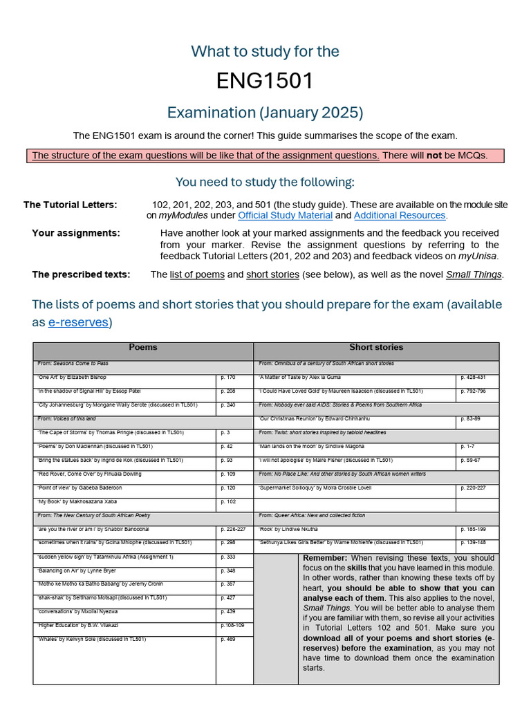 What To Study For The ENG1501 Exam - Jan - 2025 | PDF | South African ...