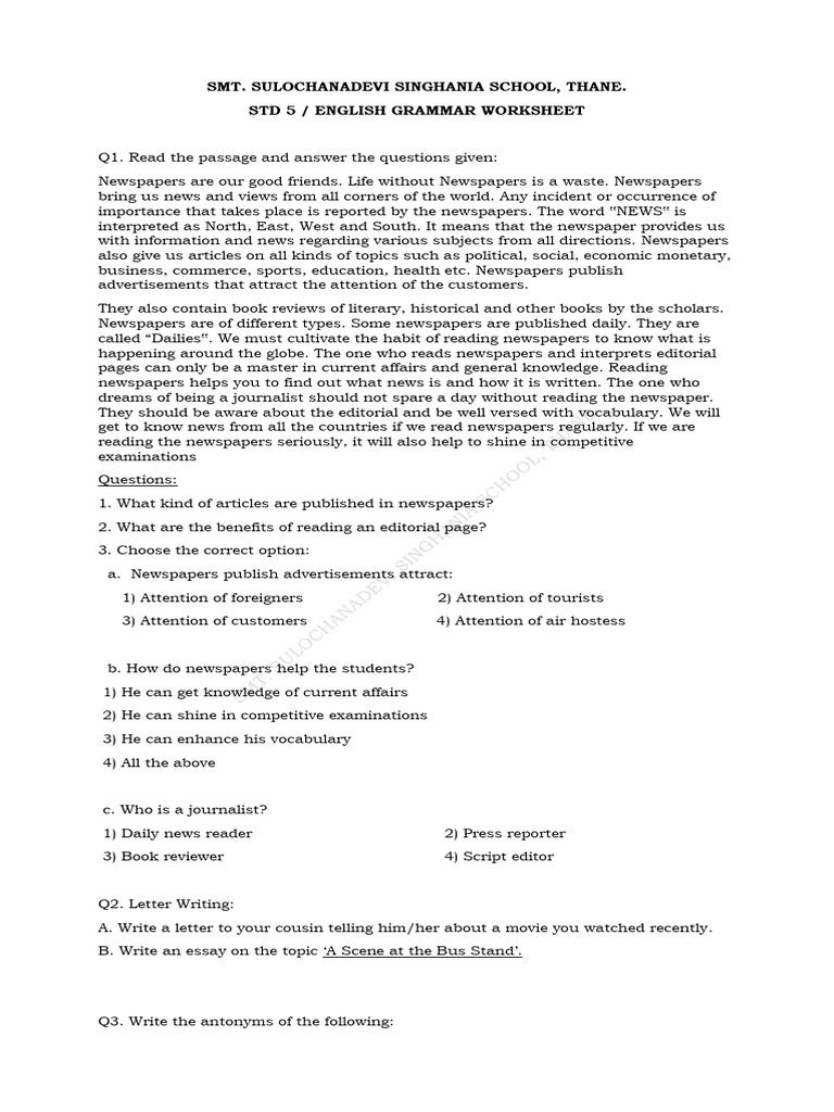 English Grammar WS STD 5 | PDF | Newspapers | News