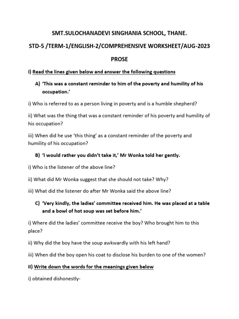 Std5 2023-24 Term1 Eng2 Comprehensive WKSHT | PDF