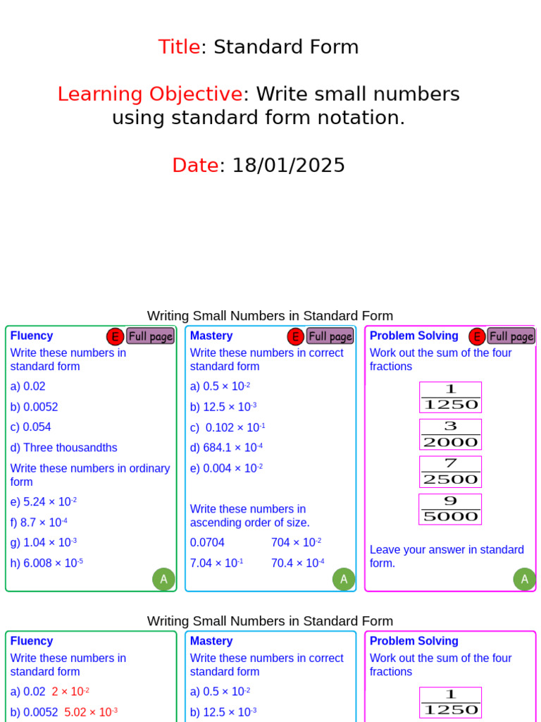 Standard Form – Small Numbers | PDF | Mathematics