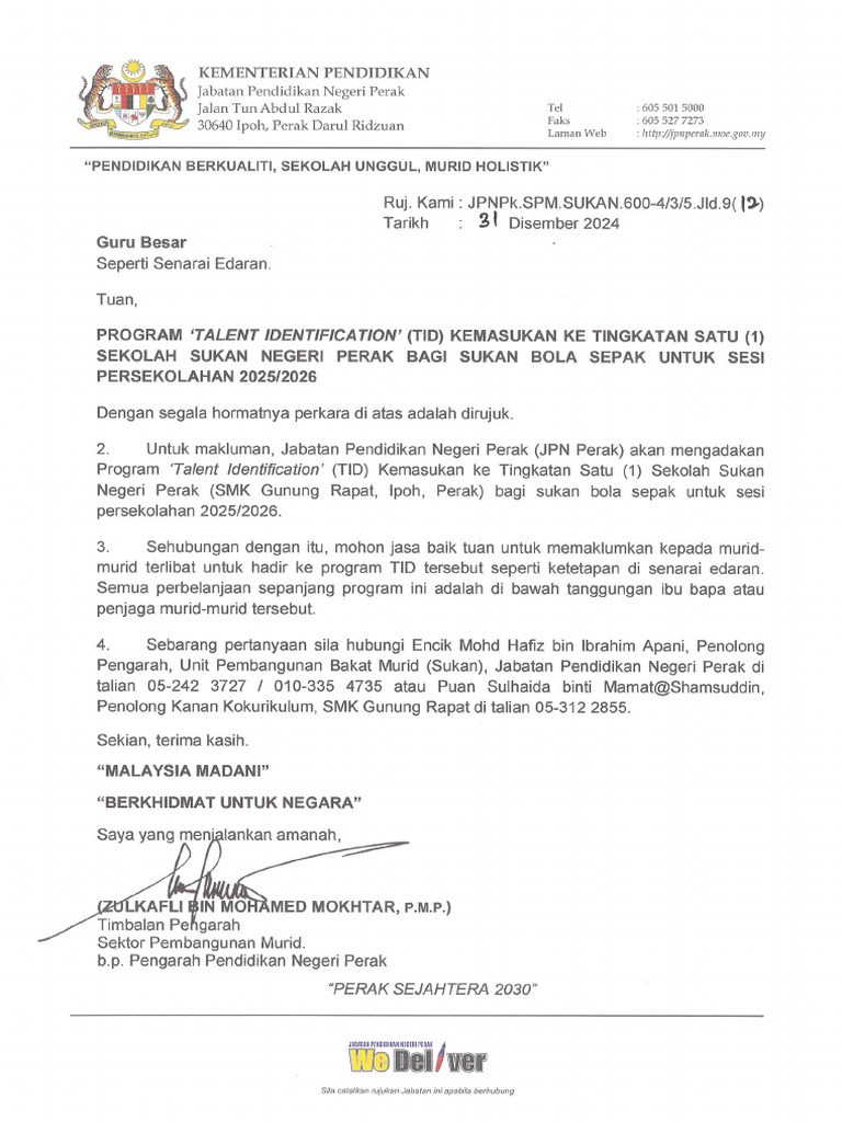 Surat Tid SSN Perak Sesi 2025 2026 - Sukan B.sepak | PDF