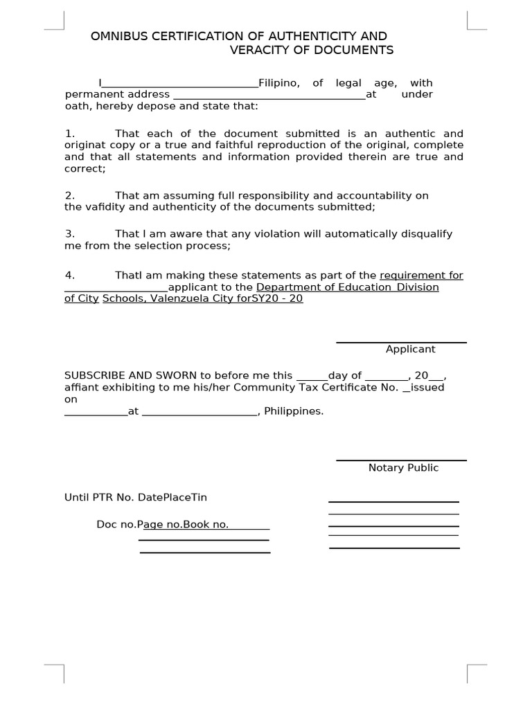 Omnibus Certification of Document Authenticity | PDF