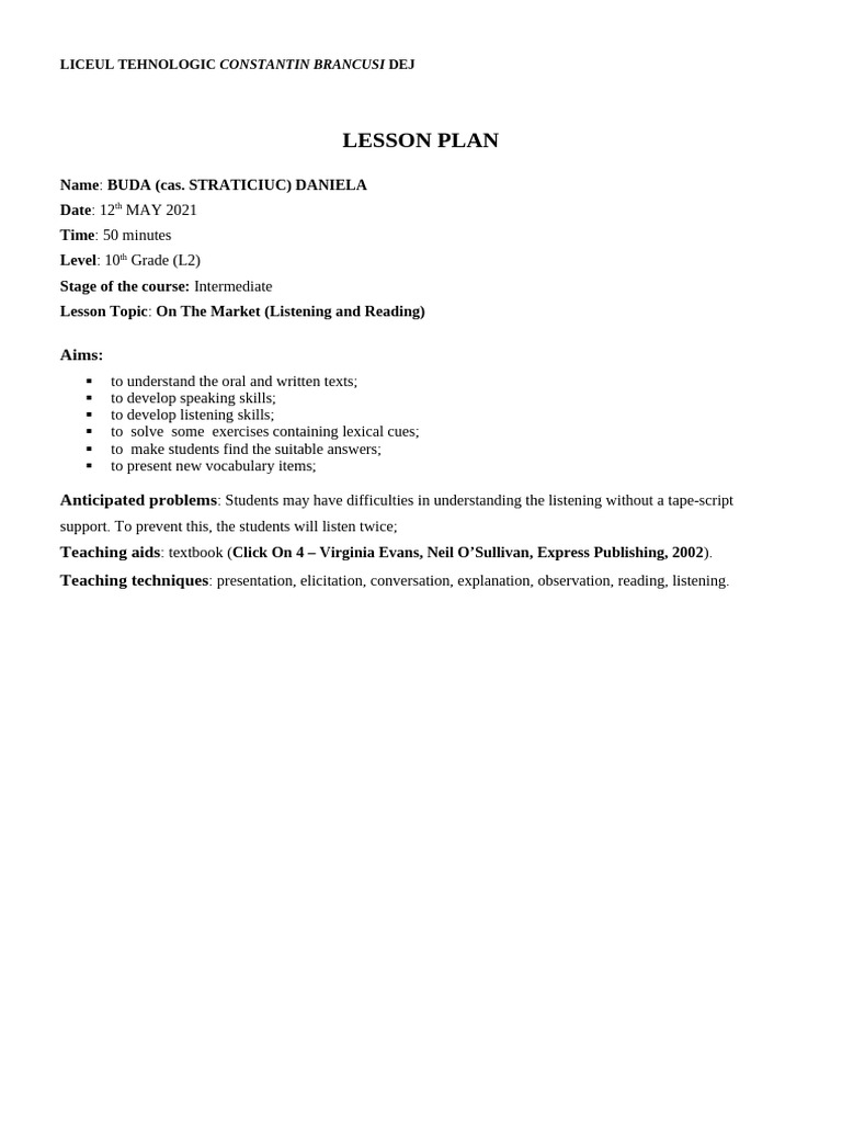 10th Grade Lesson Plan: Market Skills | PDF | Human Communication ...