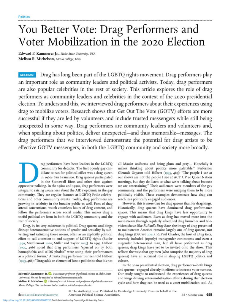 You Better Vote Drag Performers and Voter Mobilization in the 2020 ...