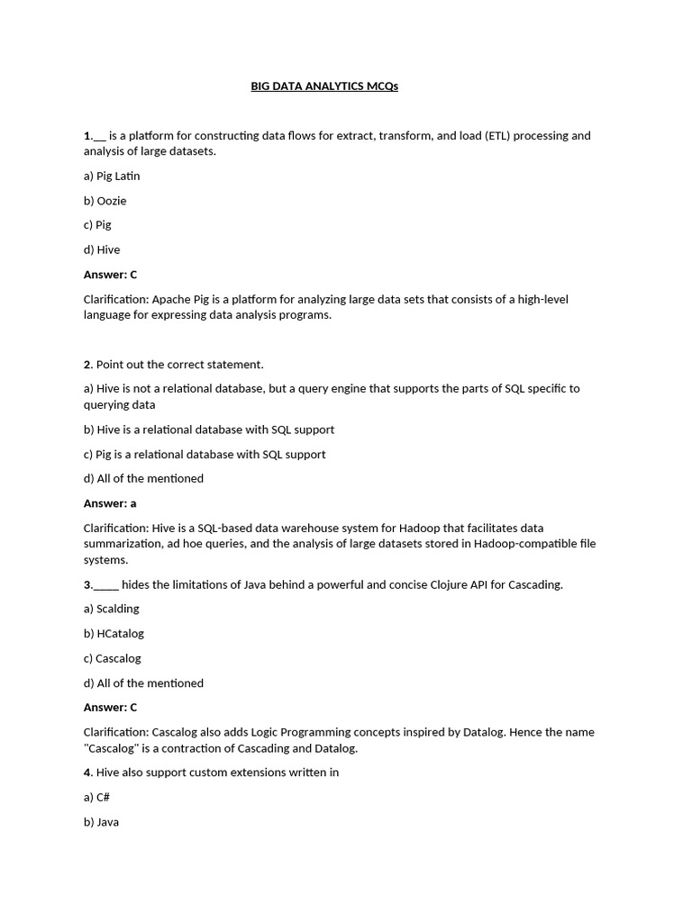 BIG DATA ANALYTICS MCQs | PDF | Apache Spark | Apache Hadoop