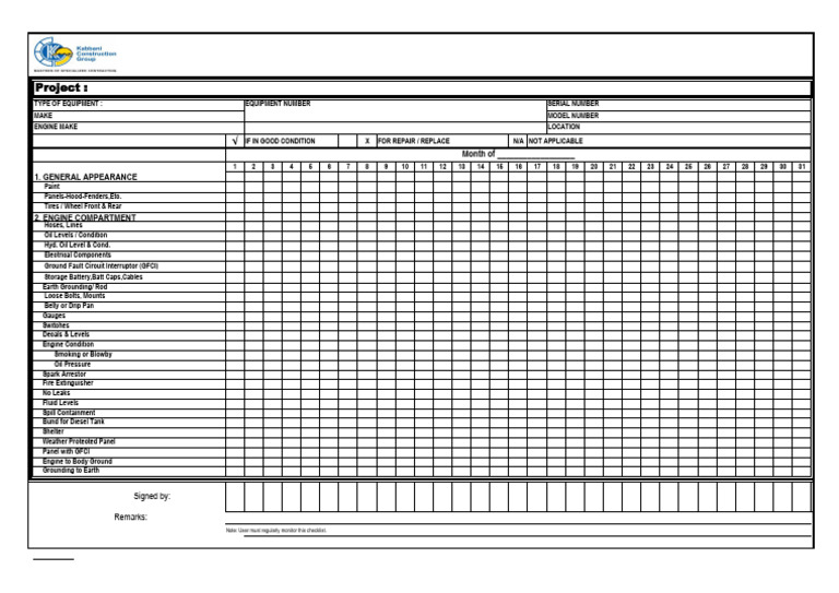 Daily Inspection Checklist - Generator Set | PDF