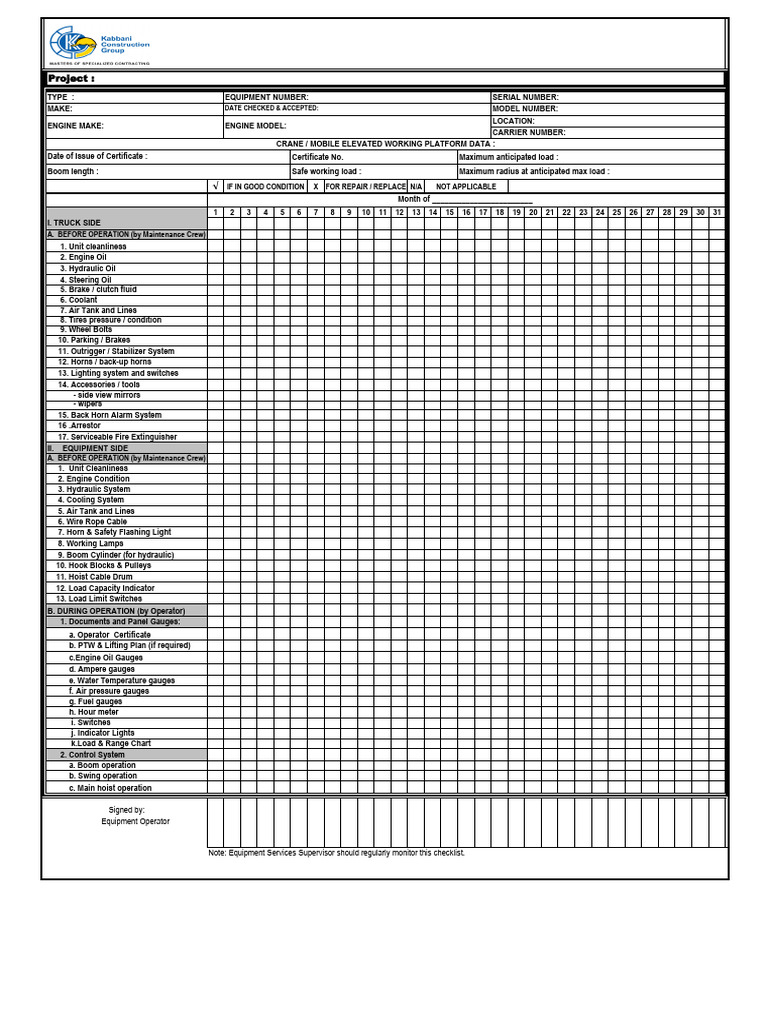 Daily Inspection Checklist for Cranes | PDF | Crane (Machine) | Vehicles