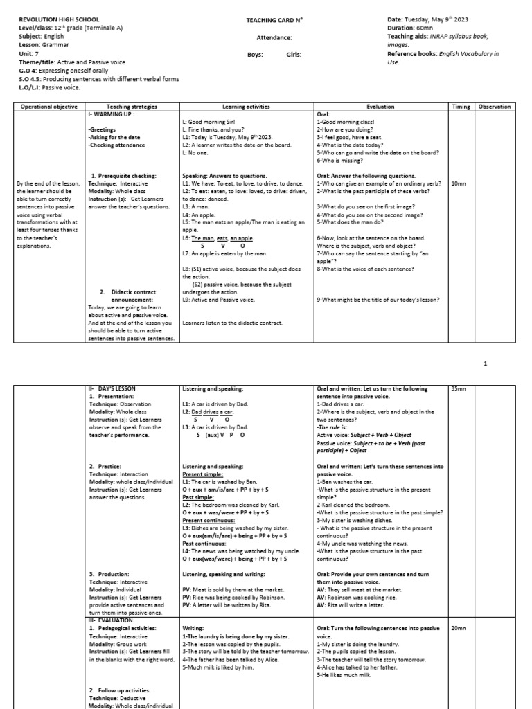 Active and Passive Voice Lesson Plan | PDF | Verb | Subject (Grammar)