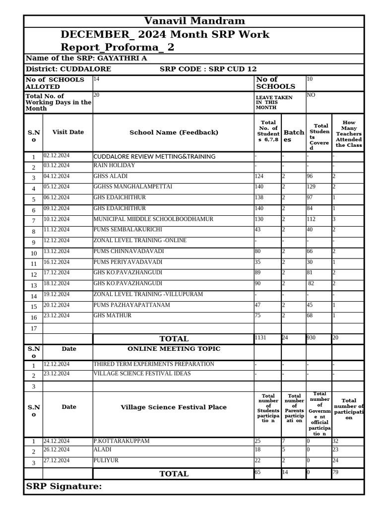 Proforma_ 2_VM SRP_RAIN_December 2024 Work Report | PDF