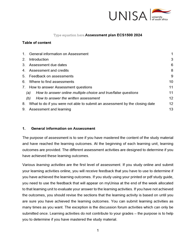 Assessment Plan ECS1500 2024 | PDF | Educational Assessment | Microsoft Word