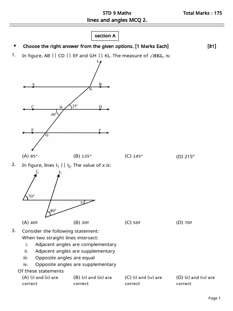 lines and angles MCQ 2. | PDF | Triangle | Elementary Geometry