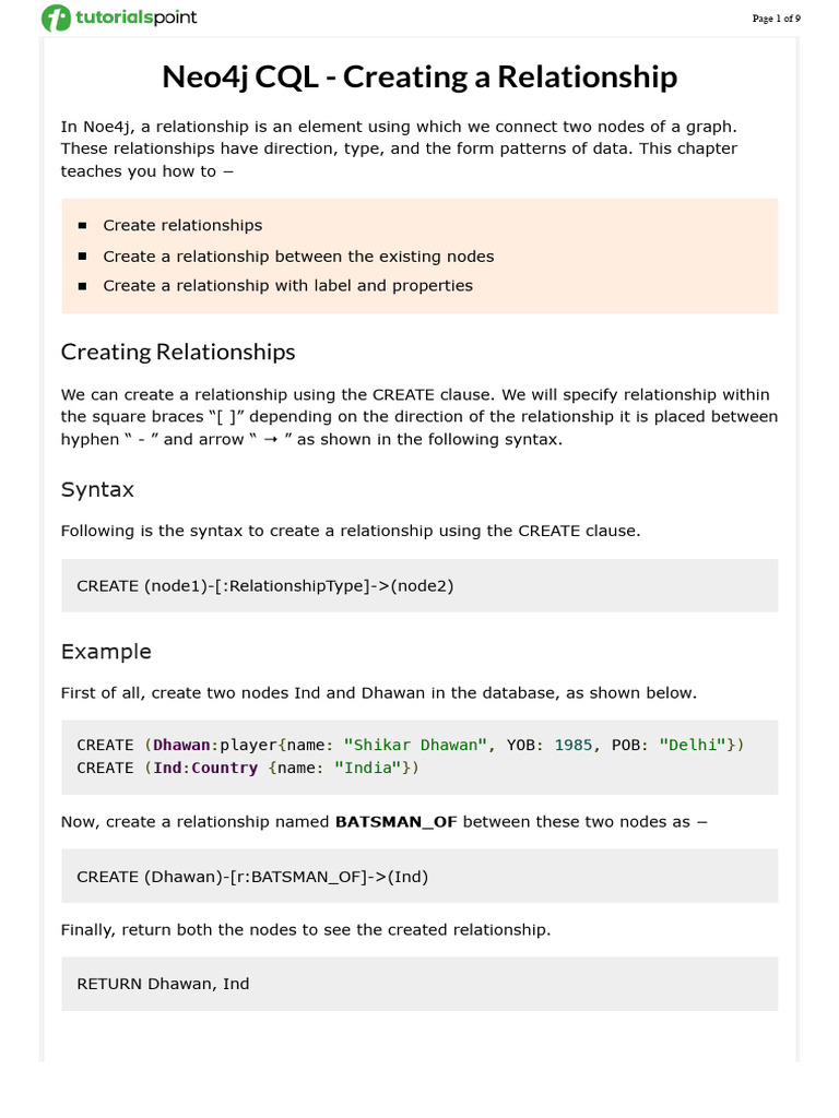 Neo4j CQL - Creating A Relationship | PDF | Databases | Computing