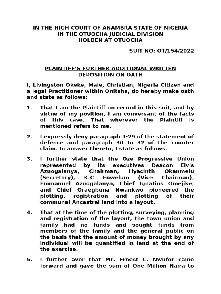 Plaintiffs Furthe Radditional Written Deposition On Oath | PDF | Common Law