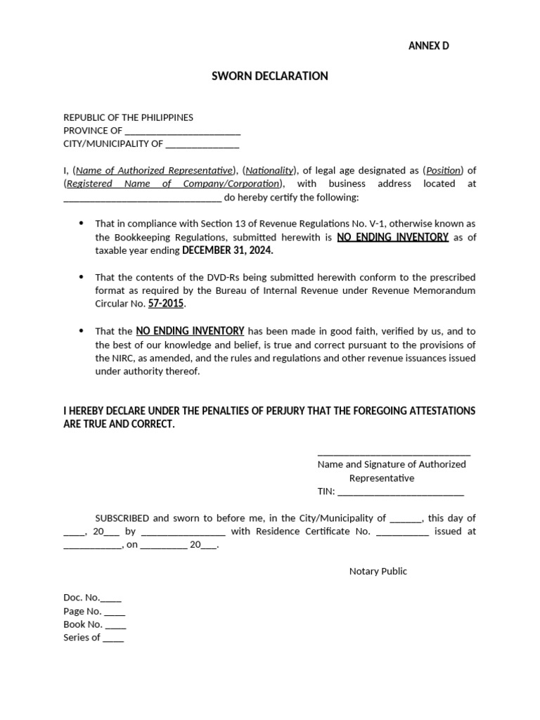 Sworn-Declaration 20 - 20no 20ending 20inventory | PDF