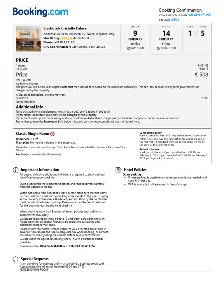 Starhotels Cristallo Palace Booking Info | PDF | Credit Card