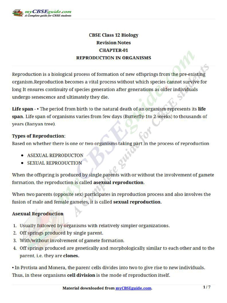 12 Biology Notes Ch01 Reproductions in Organisms | PDF